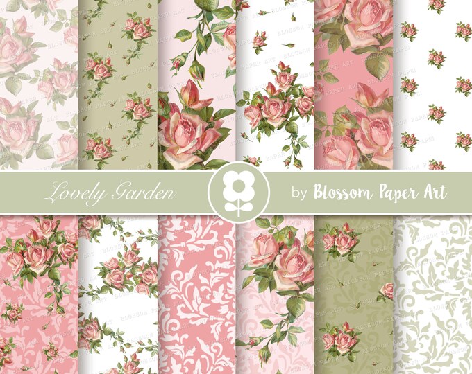 Floral Digital Scrapbook Paper Shabby Chic Vintage ROSE Flowers Digital ...