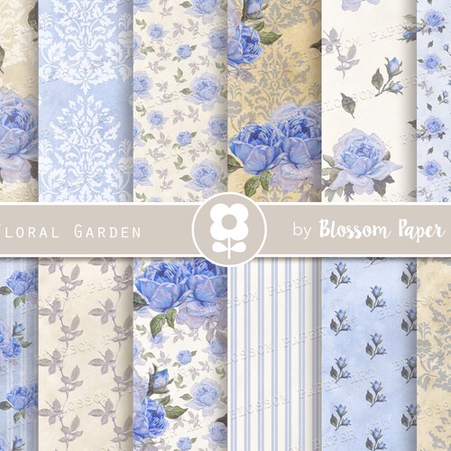 Blue Floral Digital Paper Vintage Scrapbook Paper Roses - Etsy