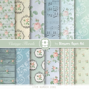 Rose Digital Paper VINTAGE Blue Floral Digital Paper Pack, Pink Roses ...