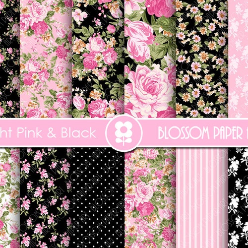 Light Pink Floral Digital Paper Pink and Black Digital Paper - Etsy