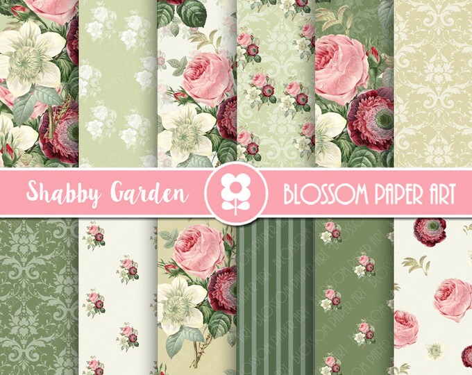 Green Rose Digital Paper Floral Digital Paper Pack Vintage - Etsy