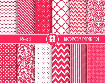 Red Digital Paper Red Floral Paper Pack Red Scrapbook Paper
