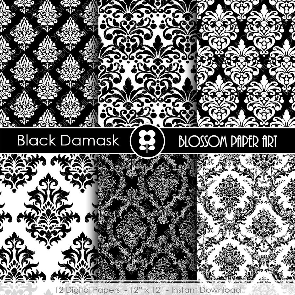 Black White Damask Digital Paper Damask Digital Scrapbooking | Etsy