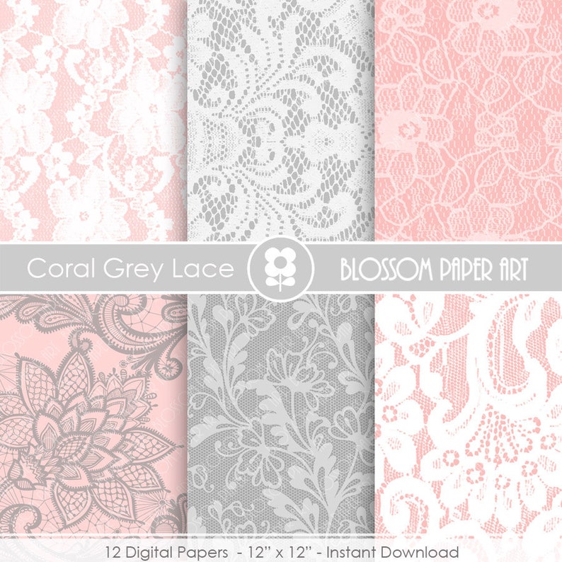 Lace Digital Paper Coral Grey Lace Digital Paper Pack | Etsy