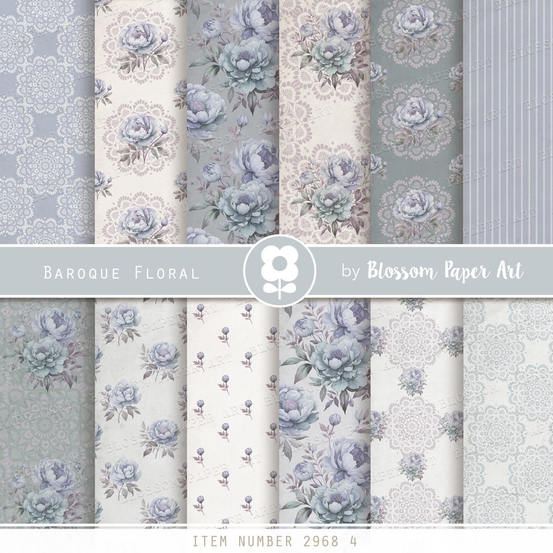 Shabby Chic Floral Digital Paper Pack: Blue Rose Collage (digital ...