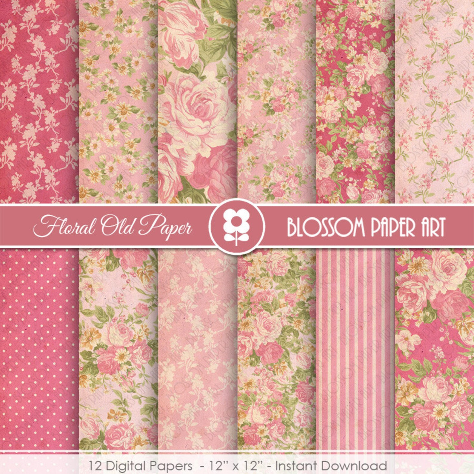 Pink Floral Digital Paper Shabby Chic Digital Paper Pack - Etsy
