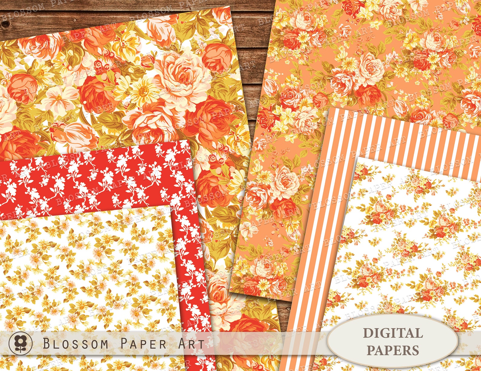 Orange Digital Paper Floral Scrap Paper Rose Digital Paper - Etsy