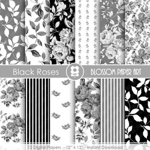 Black Digital Paper, Rose Digital Paper Pack, Black Roses, Wedding ...