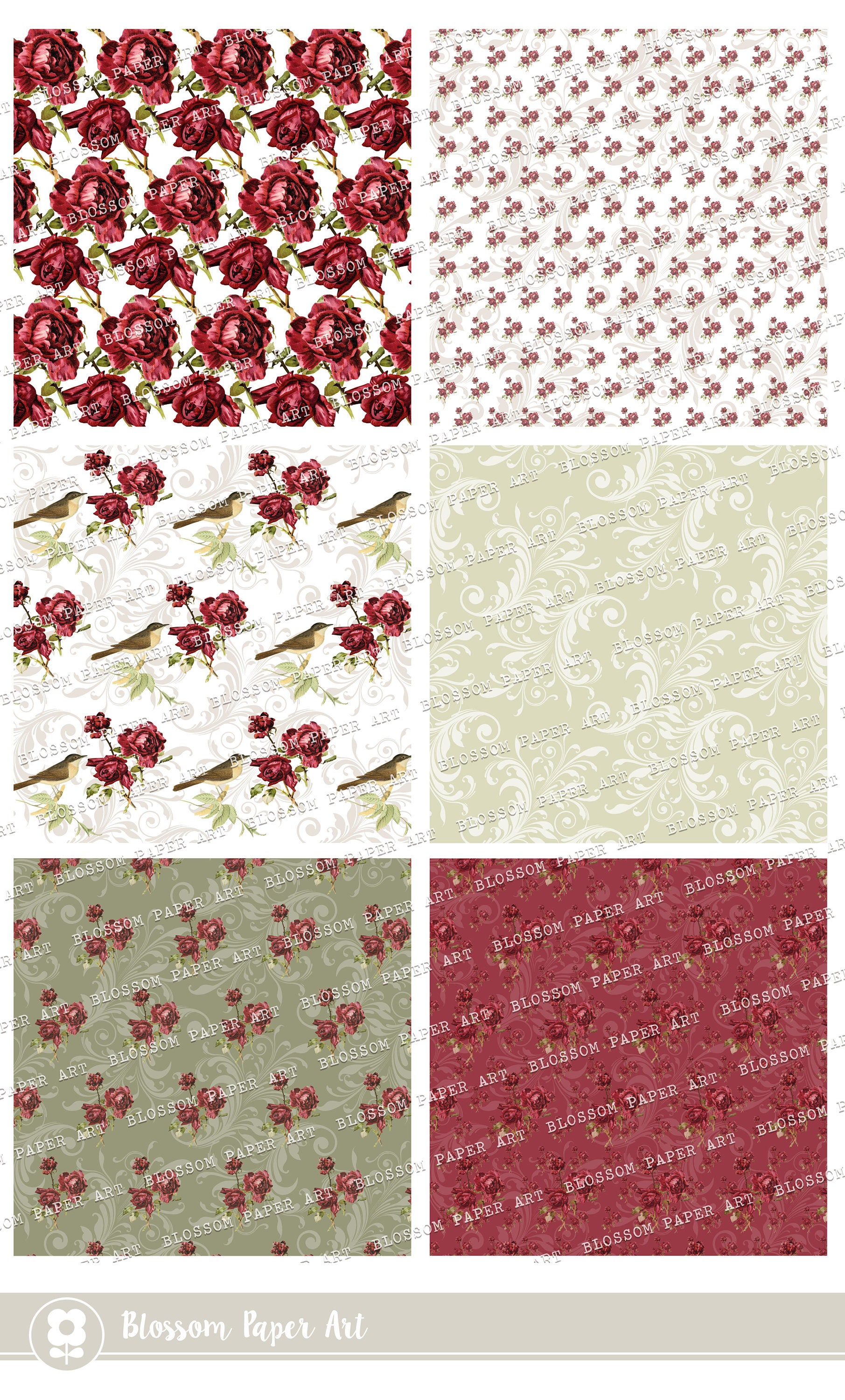 Floral Digital Paper BIRDS Vintage Roses Floral Digital Paper | Etsy