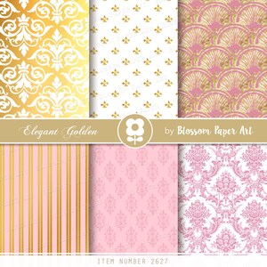 Pink and Gold Digital Paper Gold Digital Paper Pack, Gold Scrapbooking ...