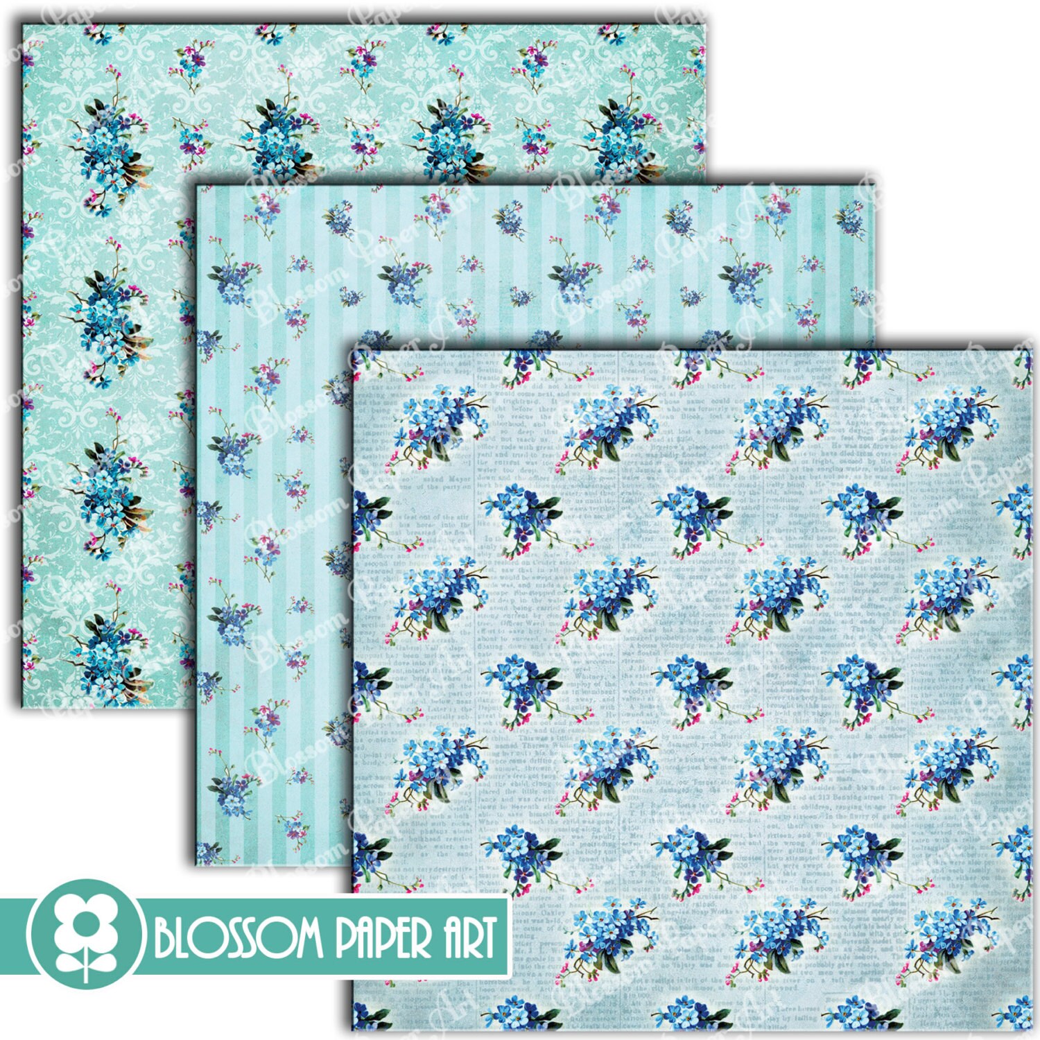 Digital Paper Blue Flowers Digital Paper Pack Digital | Etsy