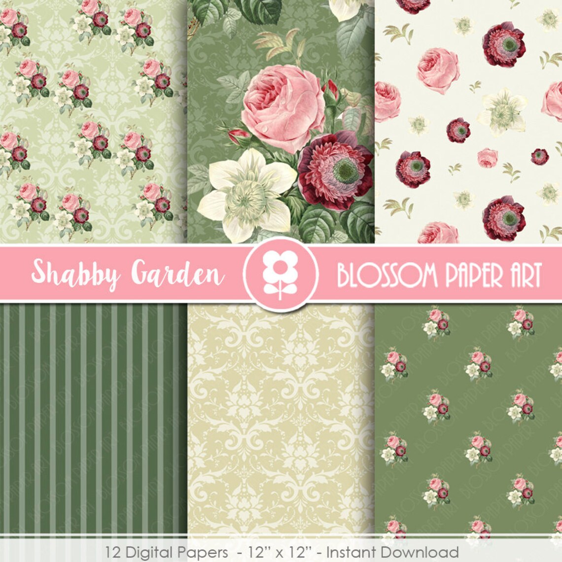 Green Rose Digital Paper Floral Digital Paper Pack Vintage - Etsy
