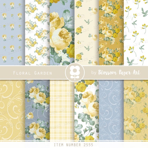 Blue Floral Digital Paper Yellow Digital Paper Pack Rose - Etsy