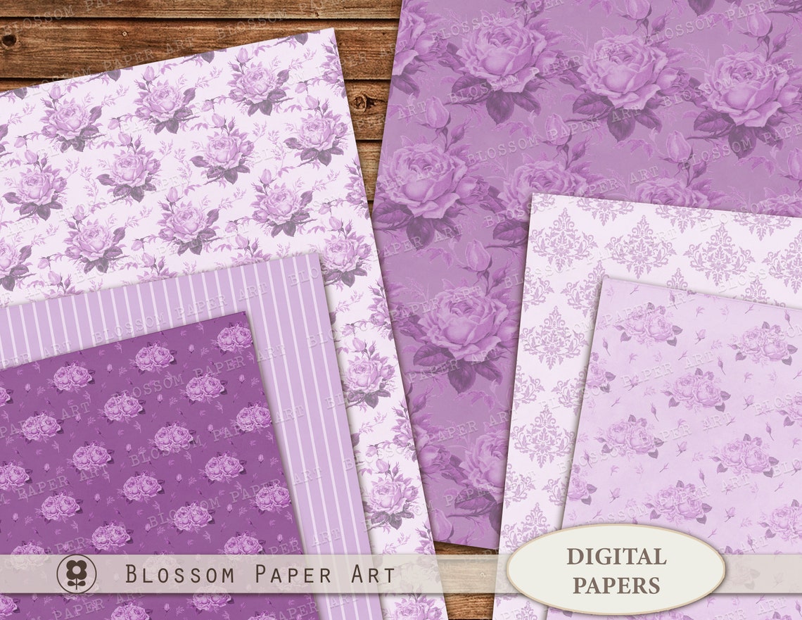 Purple Digital Paper Shabby Chic Scrapbook Paper Pack Roses - Etsy