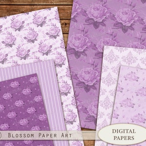 Purple Digital Paper Shabby Chic Scrapbook Paper Pack, Roses ...