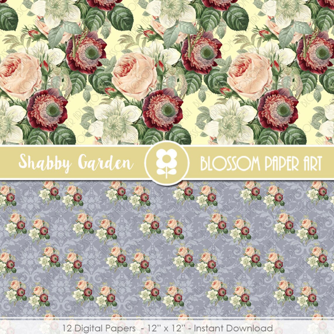 Blue and Yellow Floral Digital Paper Vintage Roses Digital - Etsy