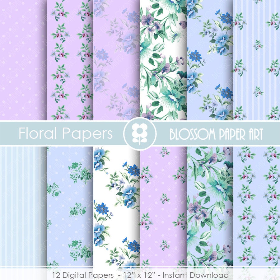 Shabby Chic Digital Paper Pack Blue and Purple Floral Digital | Etsy