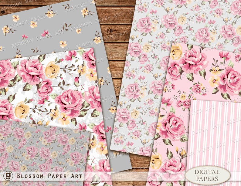 Gray Digital Paper Floral Scrapbook Paper Pack Floral | Etsy