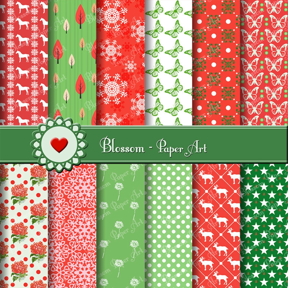 Christmas Digital Paper Red Green Digital Paper Pack - Etsy