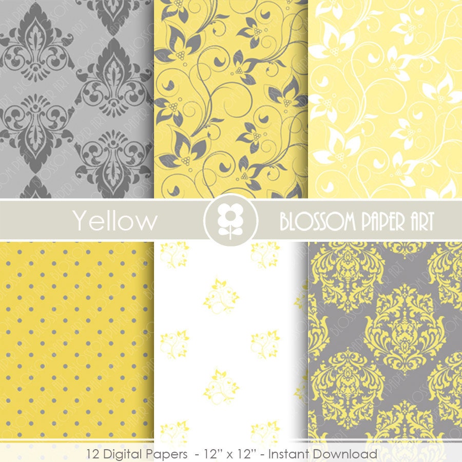 Digital Paper Yellow Digital Paper Pack Damask Digital Paper | Etsy