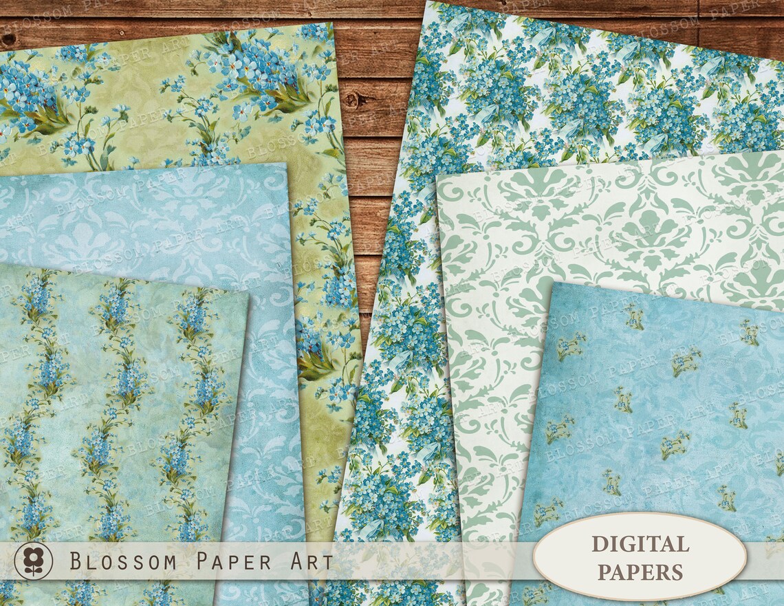 Blue FLORAL Digital Paper Vintage Floral Shabby Chic Digital - Etsy