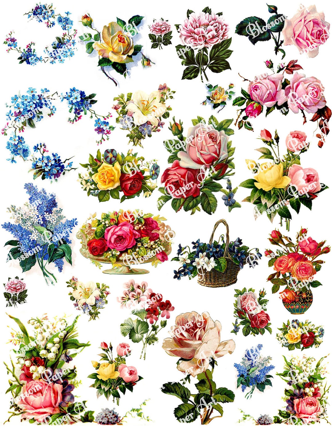Vintage Flowers Digital Collage Sheet, Printable Floral Collage for ...