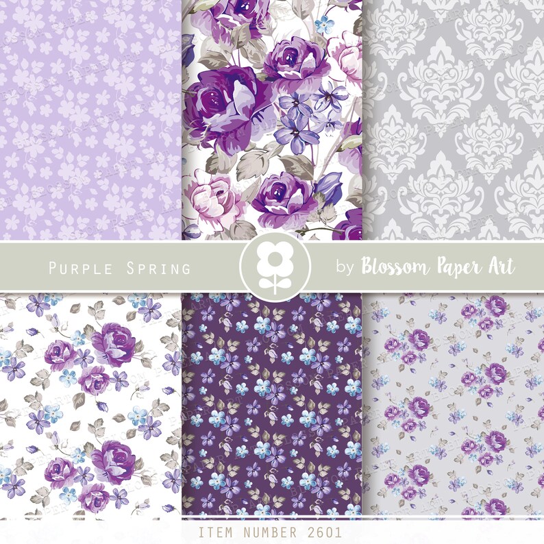 Purple Digital Papers Floral Digital Paper Pack Rose Digital | Etsy