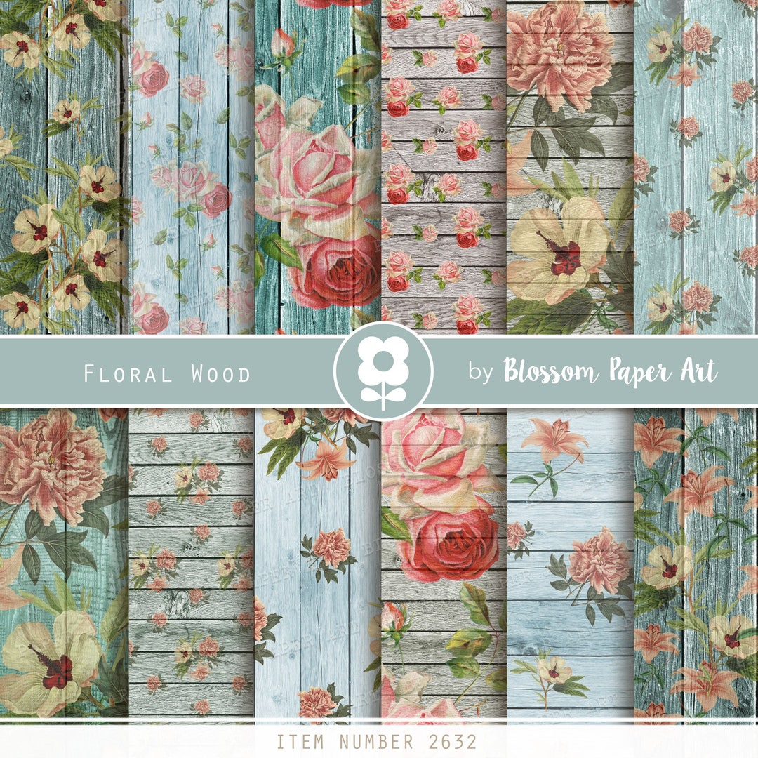 Wood Texture Digital Paper, Shabby Roses Digital Paper, Floral ...