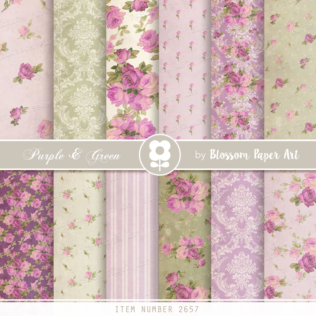 Vintage Digital Paper, Purple Scrapbook Paper, Roses Shabby Chic ...
