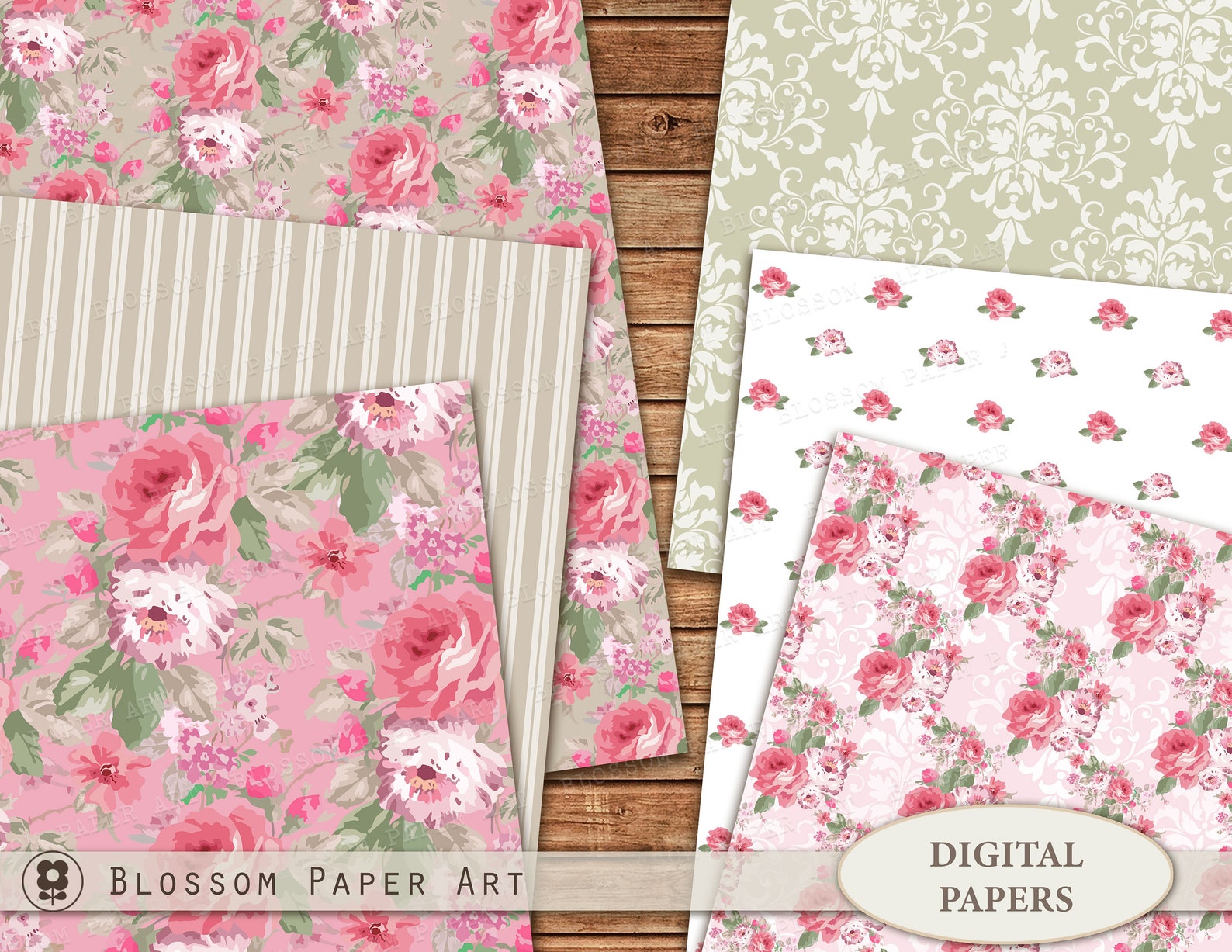 Shabby Chic Digital Paper Pink Floral Digital Paper Pack | Etsy