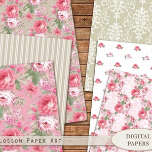 Shabby Chic Digital Paper, Pink Floral Digital Paper Pack, Scrapbooking ...