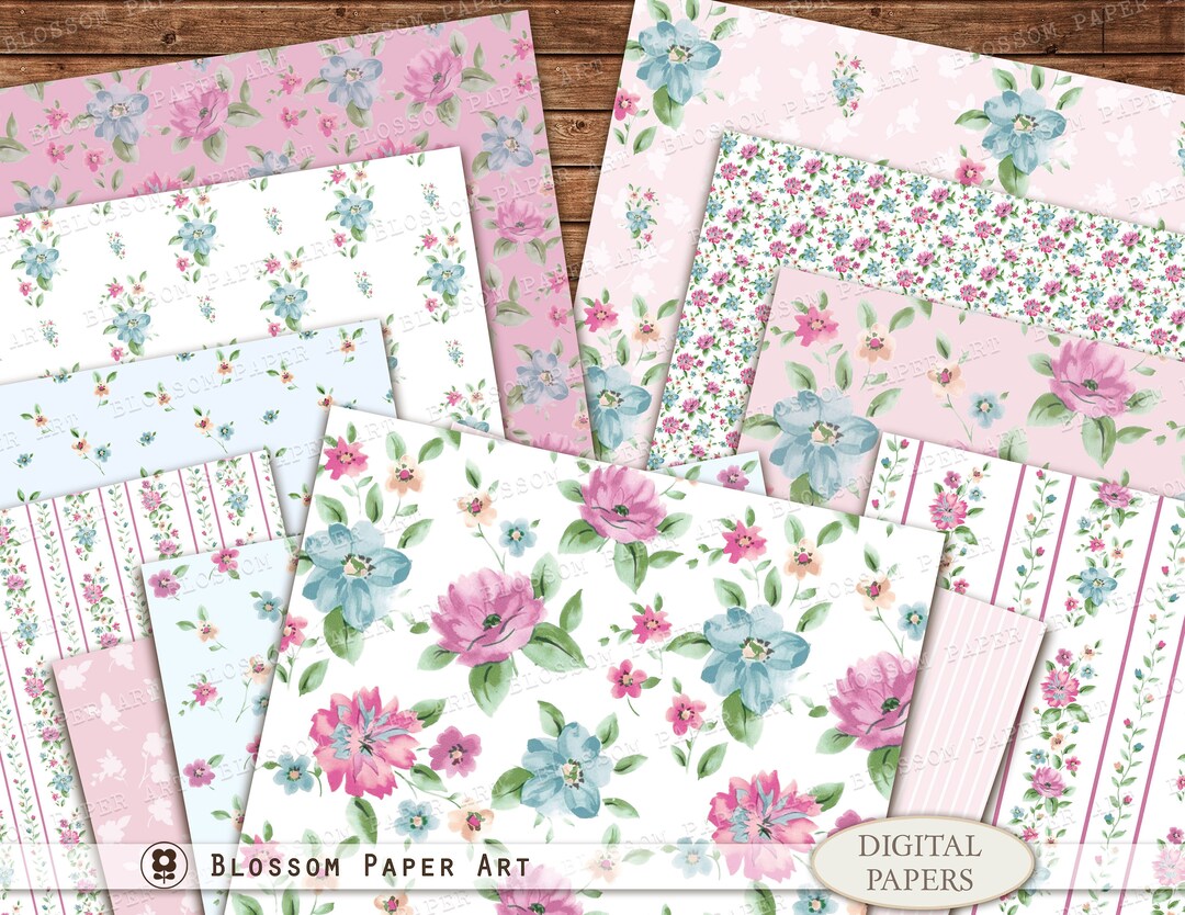 Pink Floral Digital Paper, Shabby Scrapbook Paper, Floral Collage Sheet ...