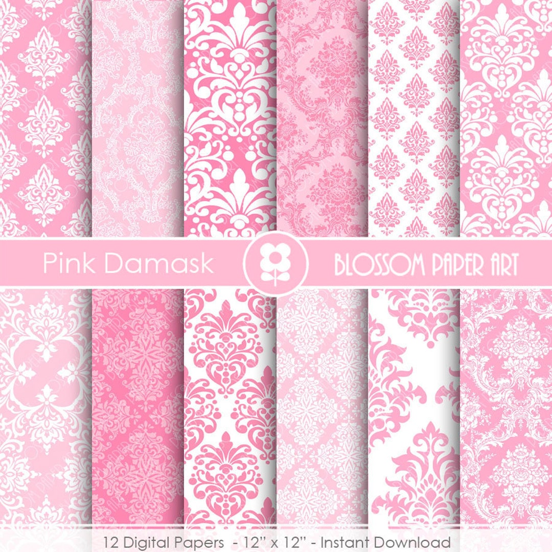 Pink Damask Digital Paper, Pink Digital Paper Pack, Pink Damask ...