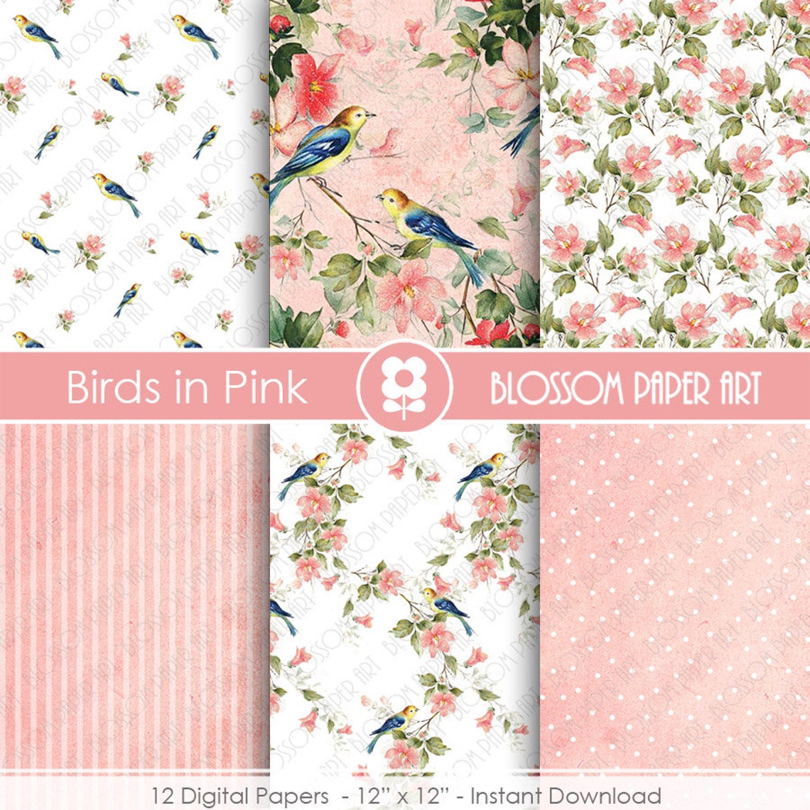 Digital Paper Birds Digital Paper Pink Scrapbook Paper Pack - Etsy