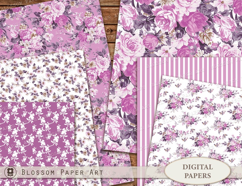 Purple Digital Papers Floral Digital Paper Pack Rose Digital - Etsy