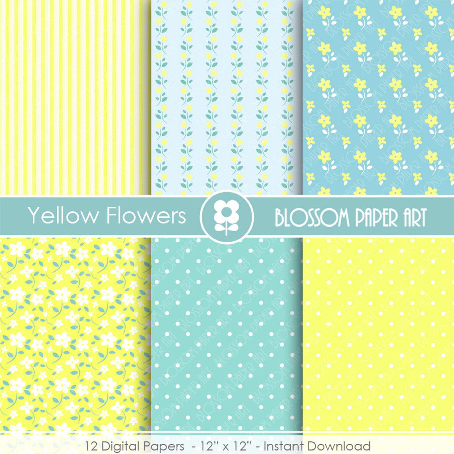 Floral Digital Paper Light Blue & Yellow Papers Scrapbooking | Etsy