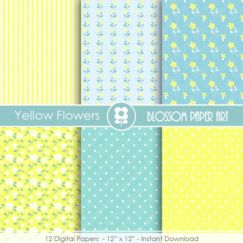 Floral Digital Paper Light Blue & Yellow Papers Scrapbooking | Etsy