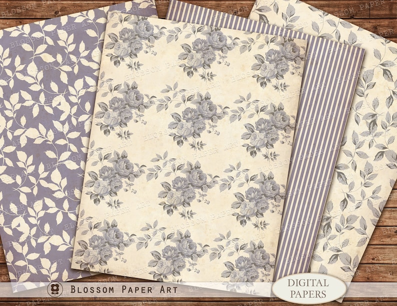 Blue Floral Digital Paper, Vintage Roses, Scrapbook Collage (digital ...