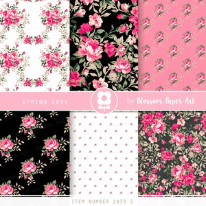 Pink and Black Floral Digital Paper, Scrapbook Paper Pack, Pink Roses ...