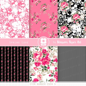 Pink and Black Floral Digital Paper, Scrapbook Paper Pack, Pink Roses ...