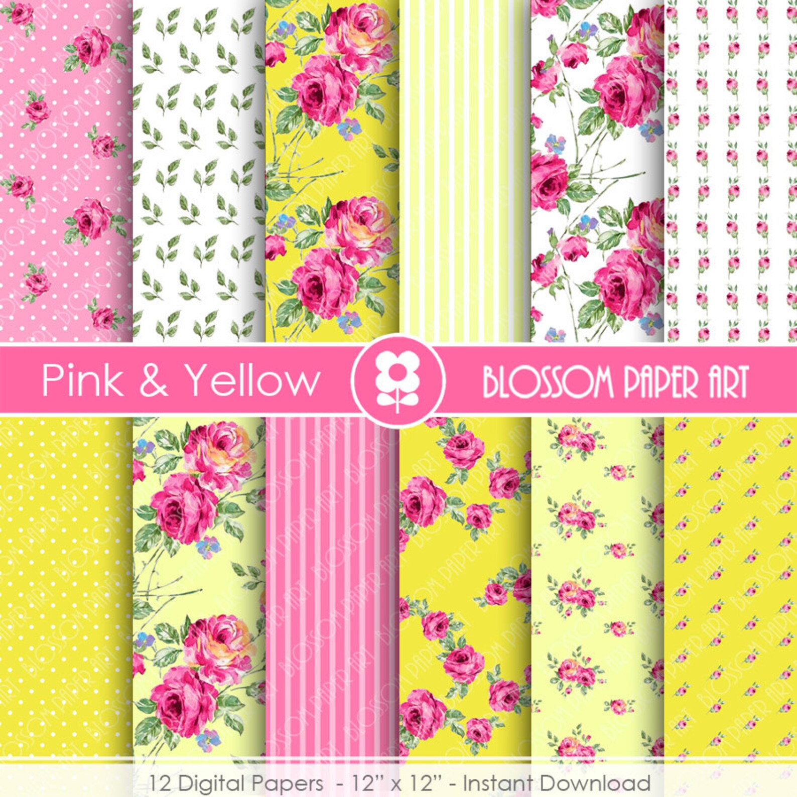 Pink Floral Papers Yellow Floral Paper Pack Digital - Etsy