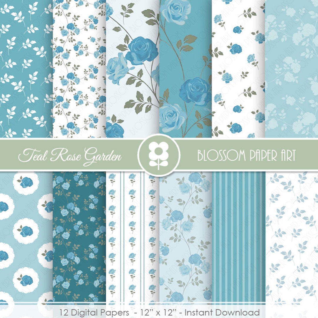 Teal Digital Paper, Floral Digital Papers, Floral Digital Scrapbooking ...