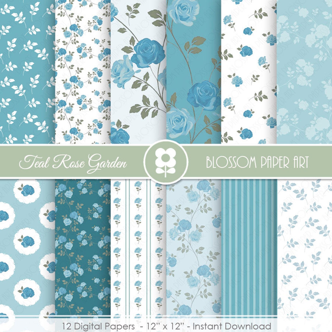 Teal Digital Paper Floral Digital Papers Floral Digital | Etsy
