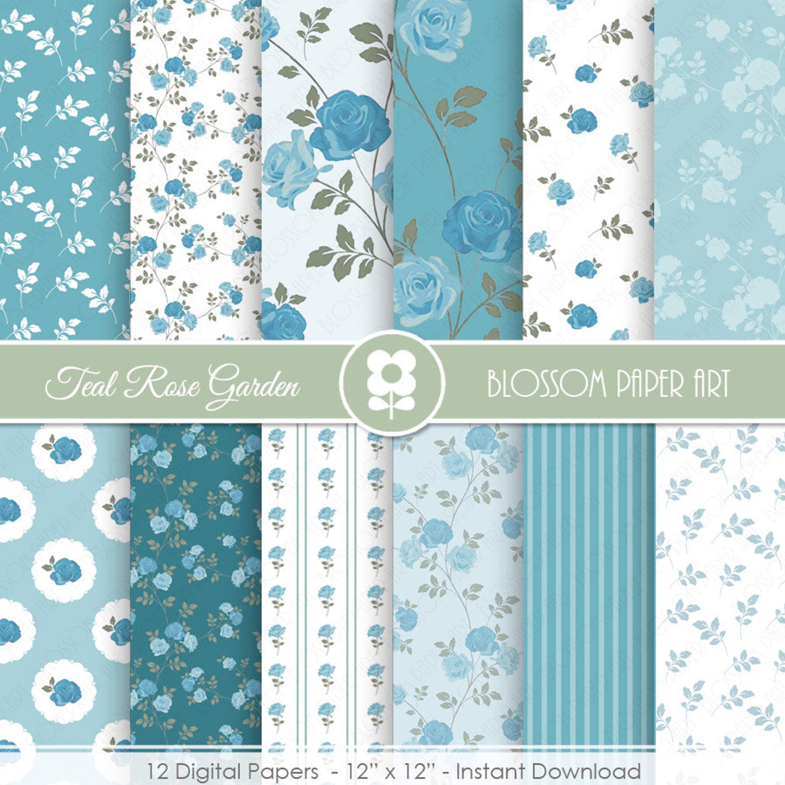 Teal Digital Paper Floral Digital Papers Floral Digital | Etsy
