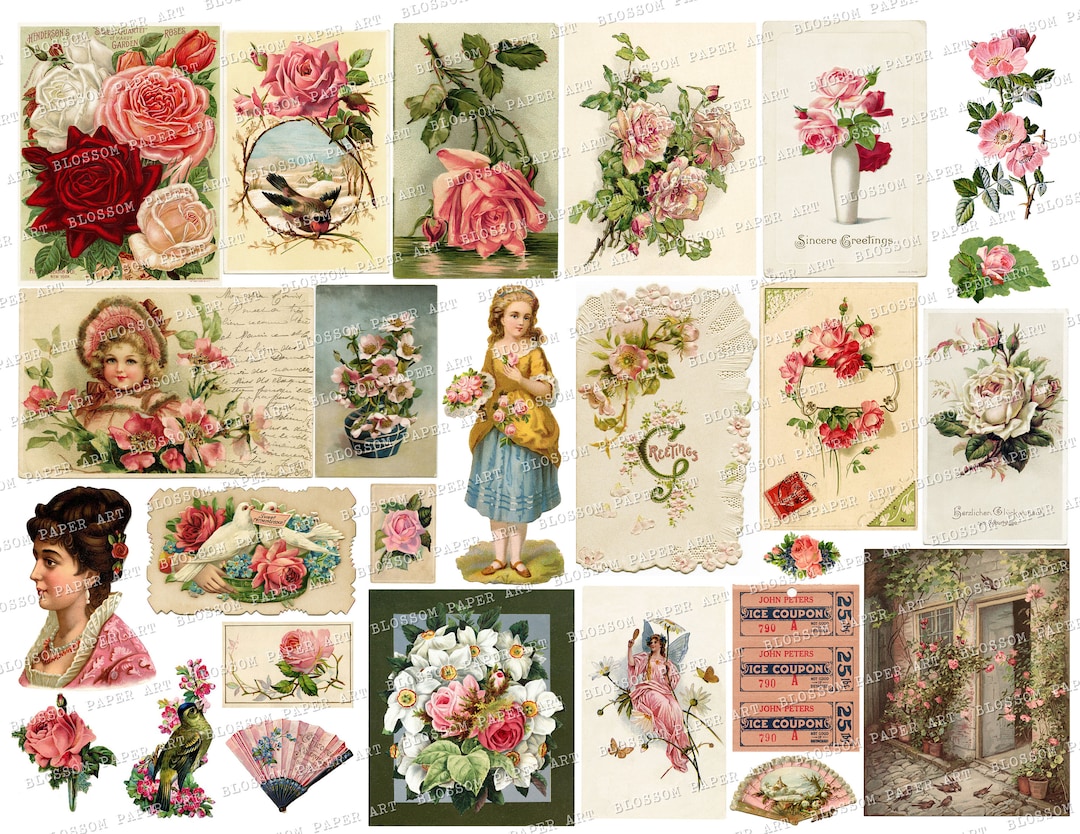 Floral Vintage Ephemera Collage Sheet: Junk Journal Cards (digital ...