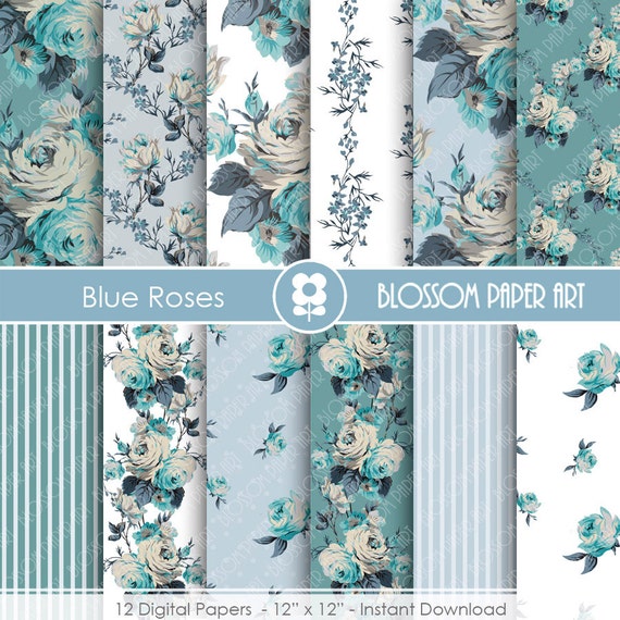 Rose Digital Paper Blue Rose Digital Paper Pack Blue Roses | Etsy