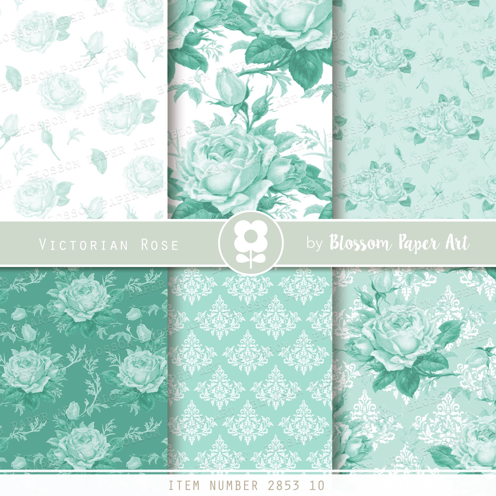 Green Mint Digital Paper, Roses Scrapbook Paper Pack, Aqua Digital ...