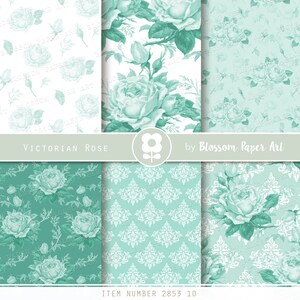 Green Mint Digital Paper, Roses Scrapbook Paper Pack, Aqua Digital ...