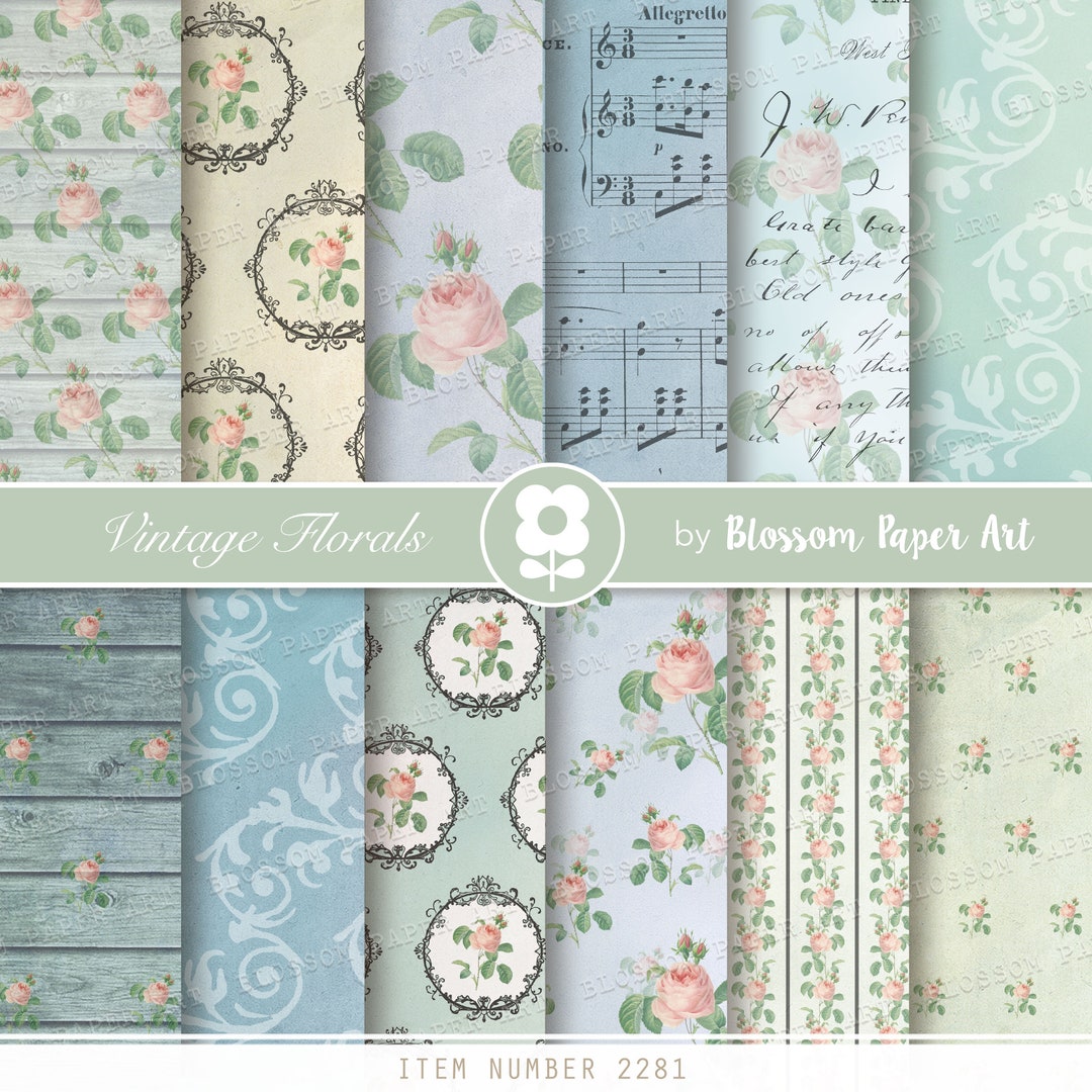 Rose Digital Paper VINTAGE Blue Floral Digital Paper Pack, Pink Roses ...
