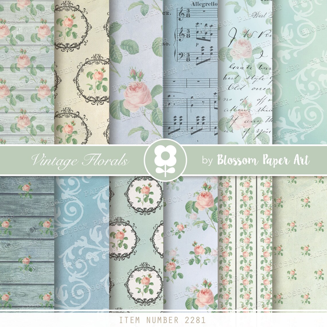 Rose Digital Paper VINTAGE Blue Floral Digital Paper Pack | Etsy